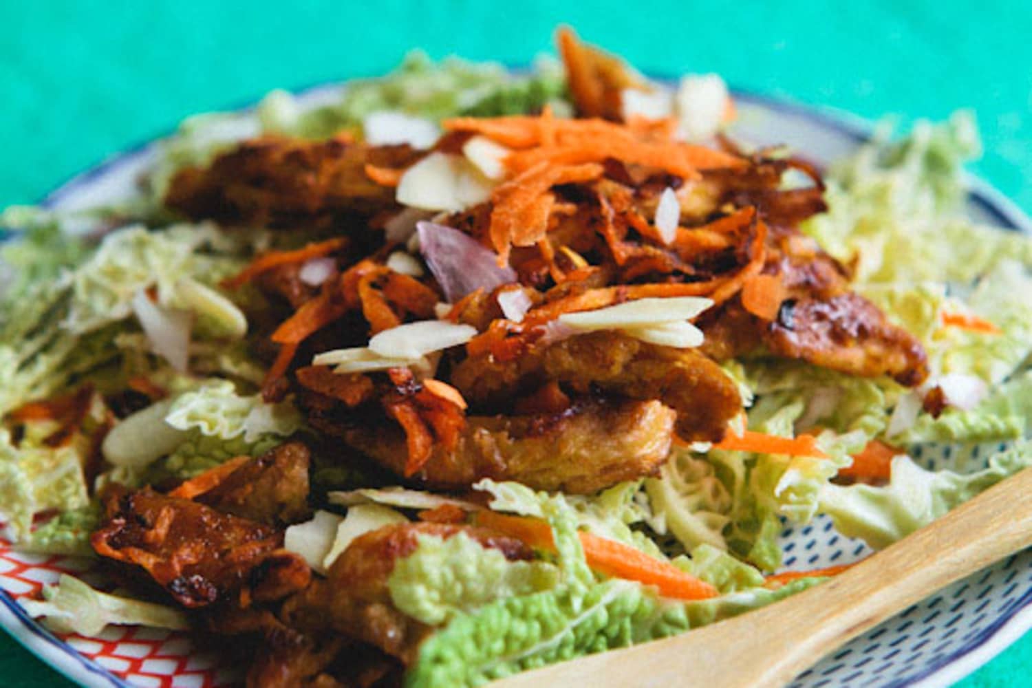 Vegetarian Recipe: Sesame-Ginger Soy Curls with Napa Cabbage Salad ...