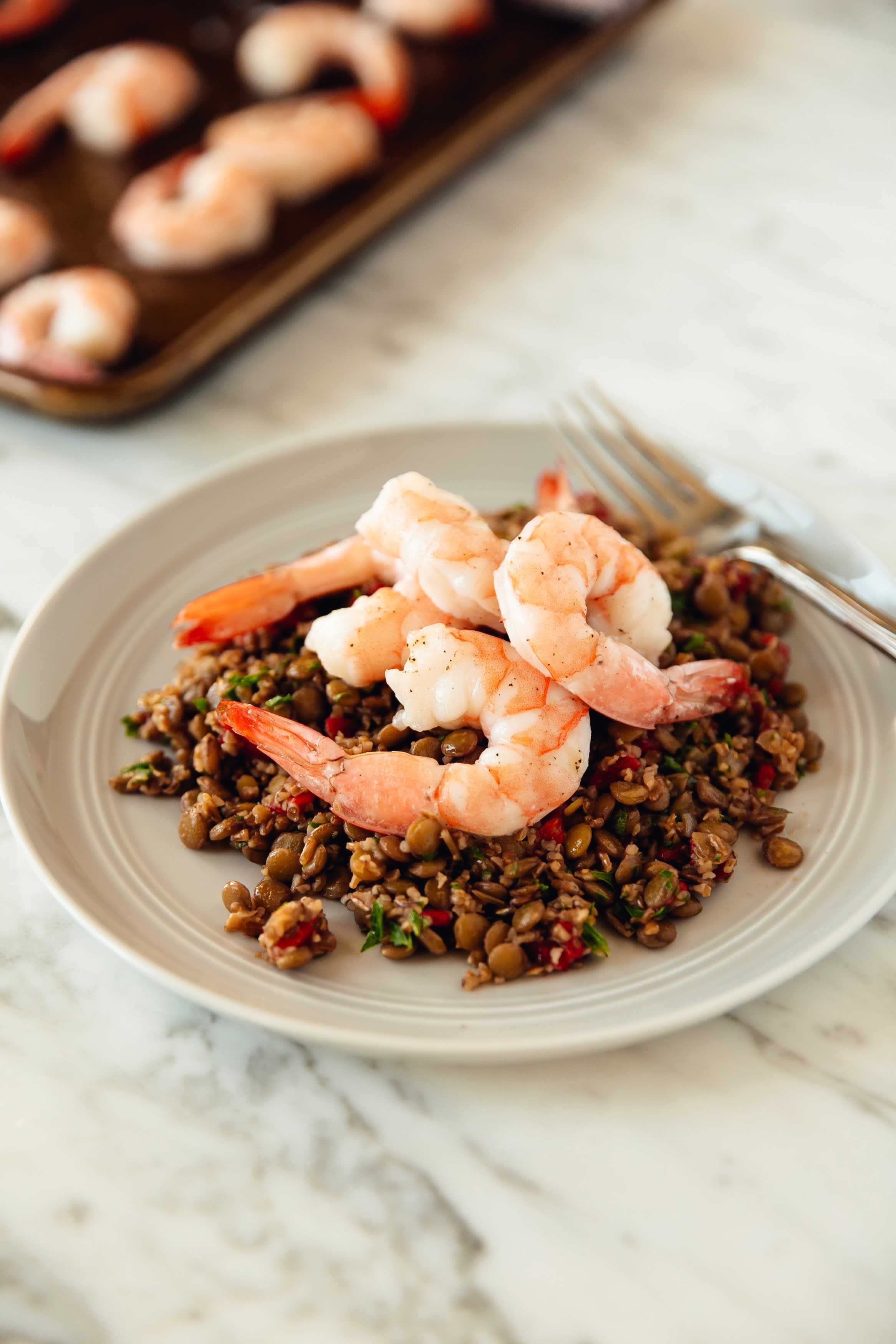 Recipe: Warm Bulgur and Lentil Salad with Roasted Shrimp | Kitchn