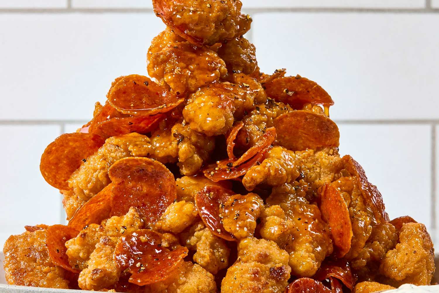 Honey Butter Popcorn Chicken Tower with Crispy Pepperoni Recipe | The ...
