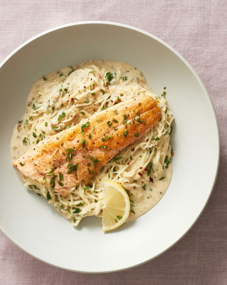 One-Pan Steelhead Trout with Lemon Garlic Angel Hair Recipe | The Kitchn