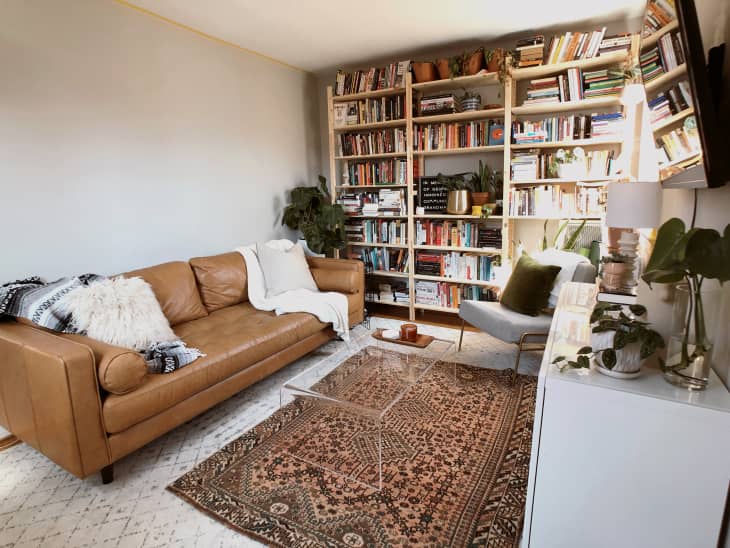 Try This DIY Library Shelving Living Room Layout Idea | Apartment Therapy