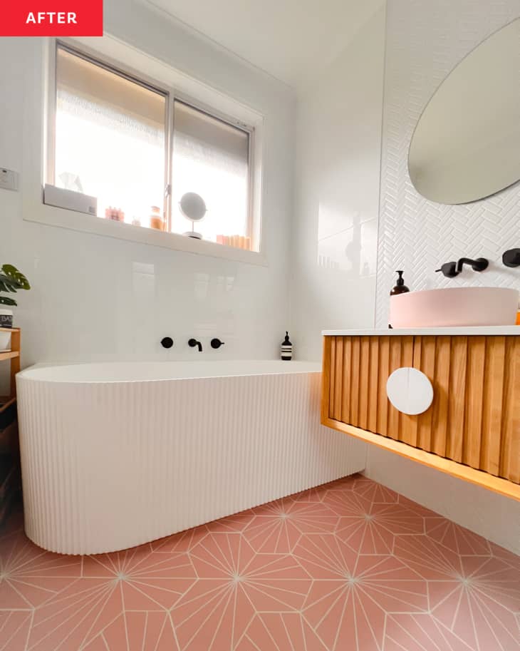 A Beige ’90s Bathroom Pops After a Pink-Tiled Makeover | Apartment Therapy