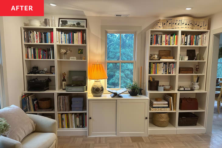 An Easy IKEA Hack Gives This Bare Wall Statement Shelving Apartment Therapy