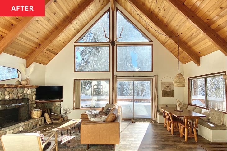 ’80s Cabin Living Room Makeover Removing Wood Paneling | Apartment Therapy