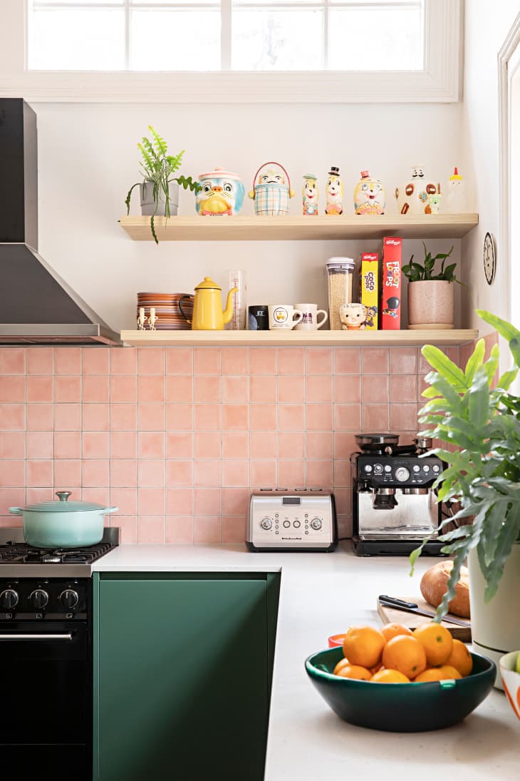 Green Cabinets & a Pink Backsplash Transform a Pine Kitchen | Apartment ...