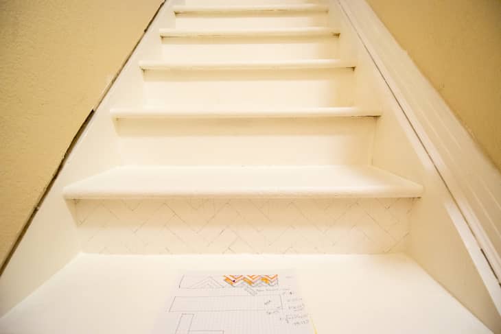 Before and After: Painting Mom's Stairs In A Blue Herringbone Pattern ...
