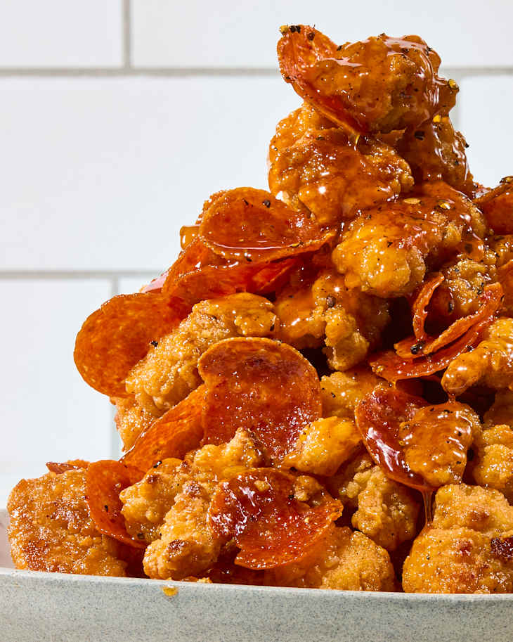 Honey Butter Popcorn Chicken Tower with Crispy Pepperoni Recipe | The ...