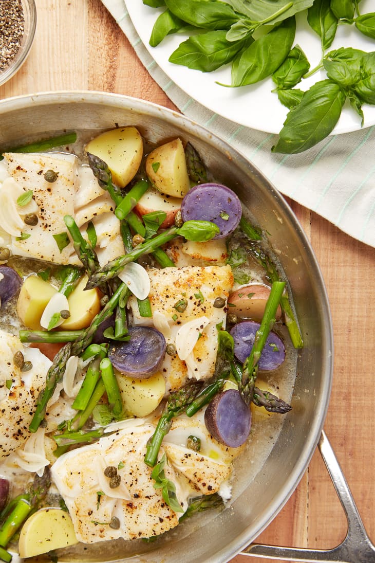 Recipe: Skillet Braised Cod with Asparagus and Potatoes | The Kitchn