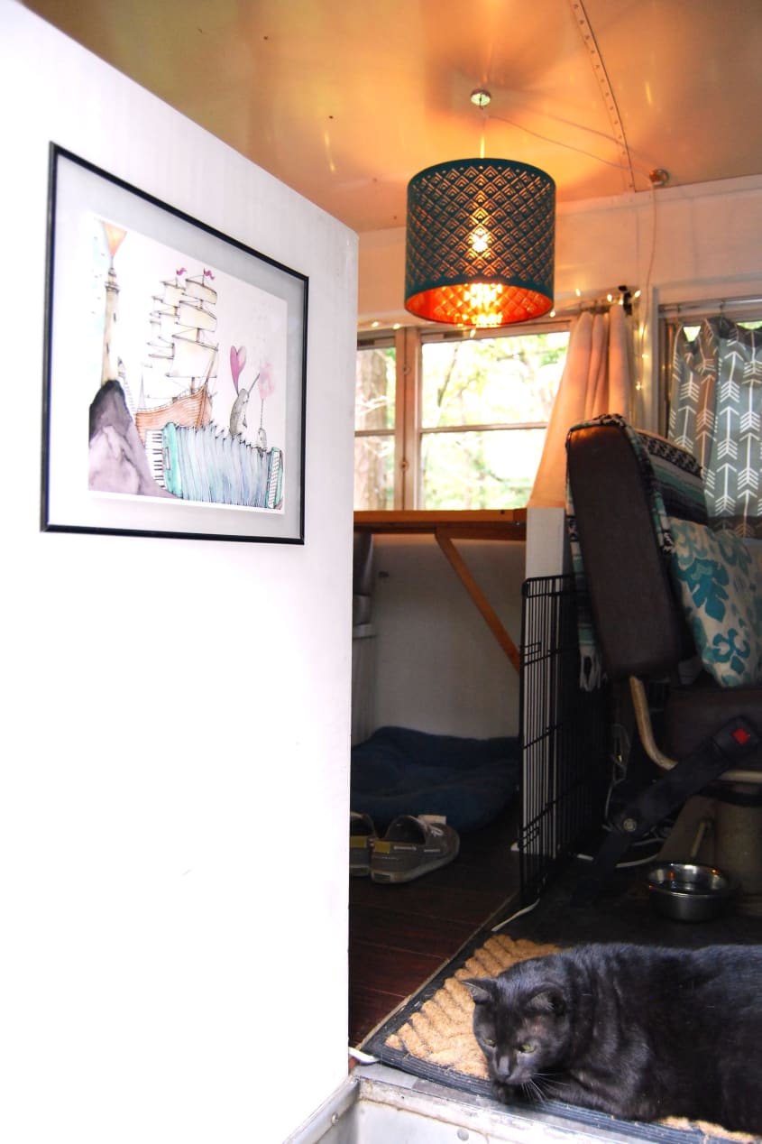 House Tour: A Cute Home in a Small Blue School Bus | Apartment Therapy