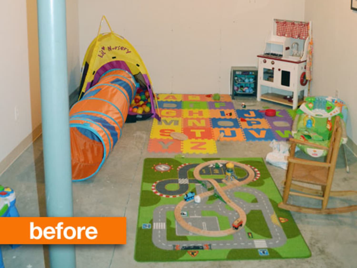 unfinished basement playroom