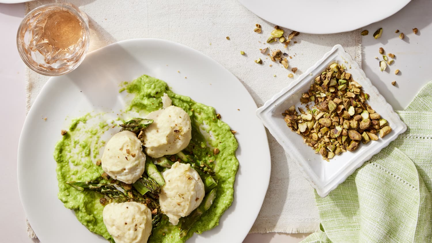 Lemony Baked Ricotta Dumplings with Asparagus and Pea Pesto | Recipe Cart
