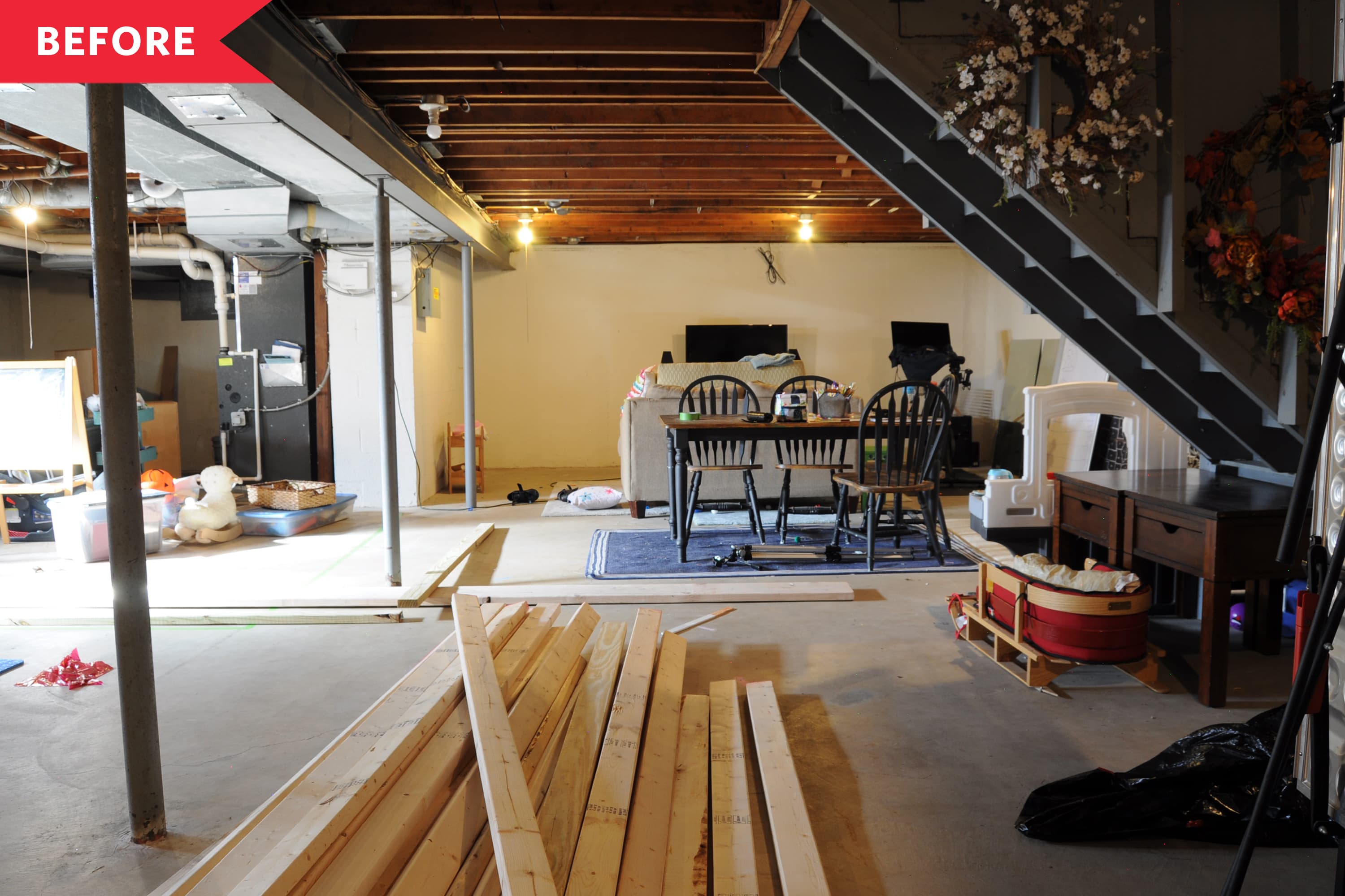 unfinished basement playroom