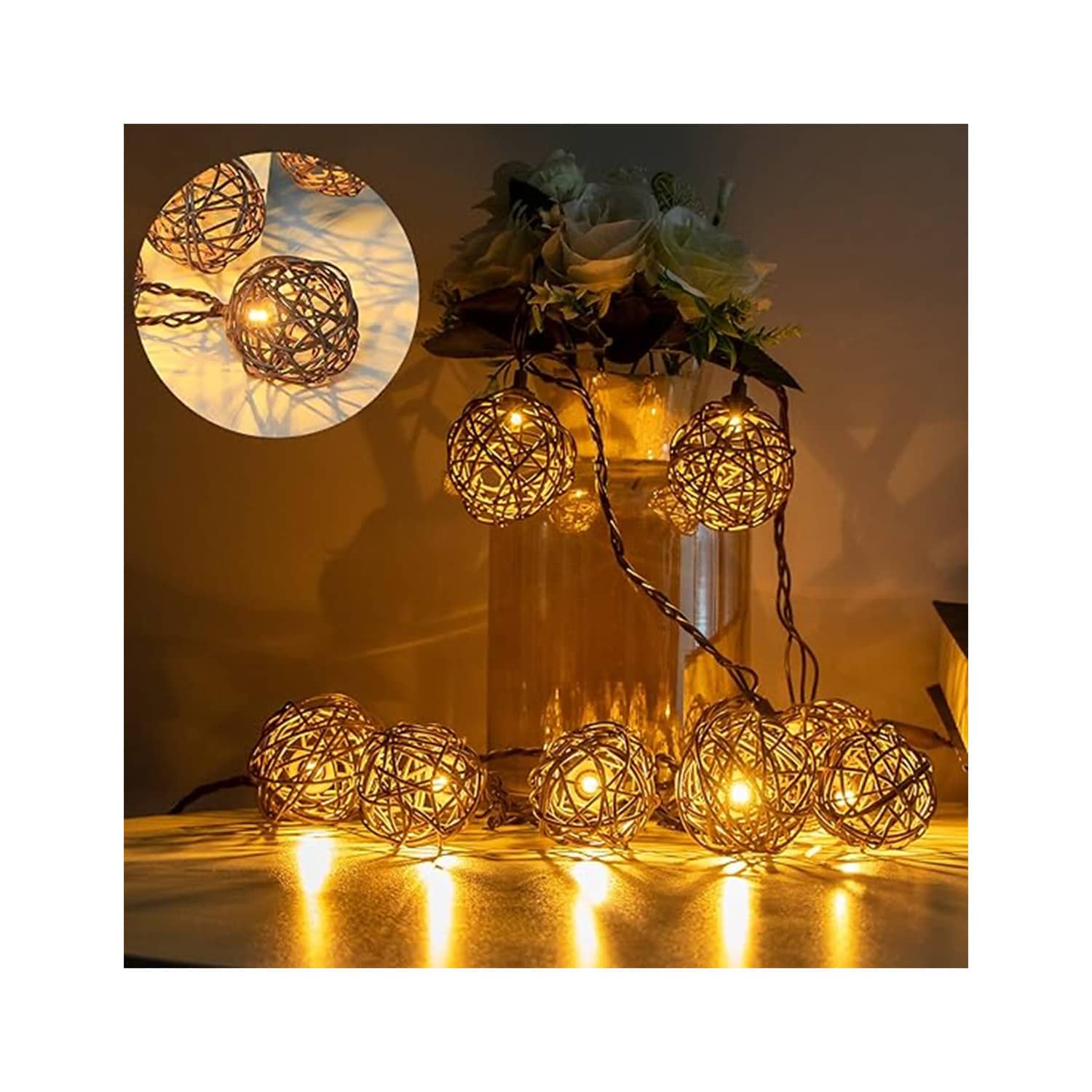Rattan Ball String Lights JONATHAN Y Oahu 10 Light 10 Ft.
